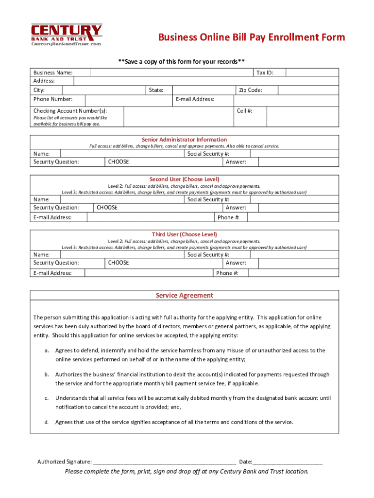 Fillable Online Business Online Bill Pay Enrollment Form Fax Email ...