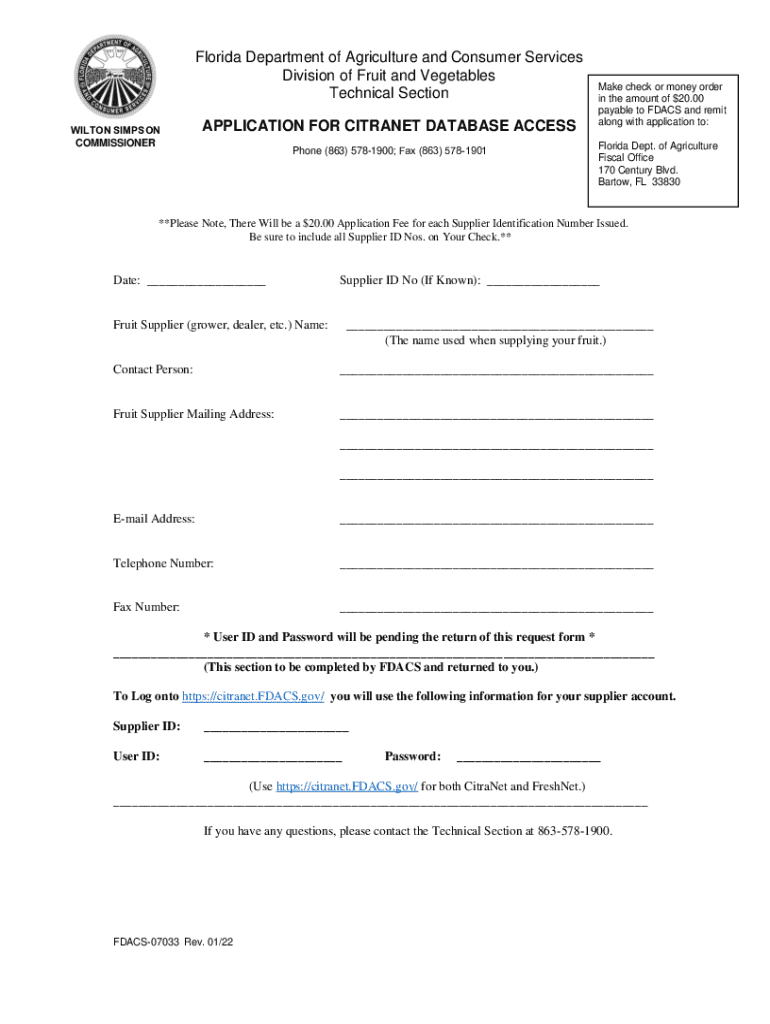 Fillable Online FDACS-07033 APPLICATION FOR CITRANET DATABASE ACCESS ...
