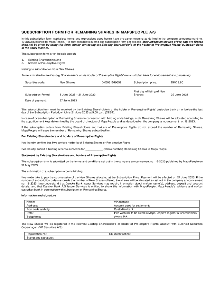 Fillable Online Subscription form for Remaining Shares Fax Email Print - pdfFiller
