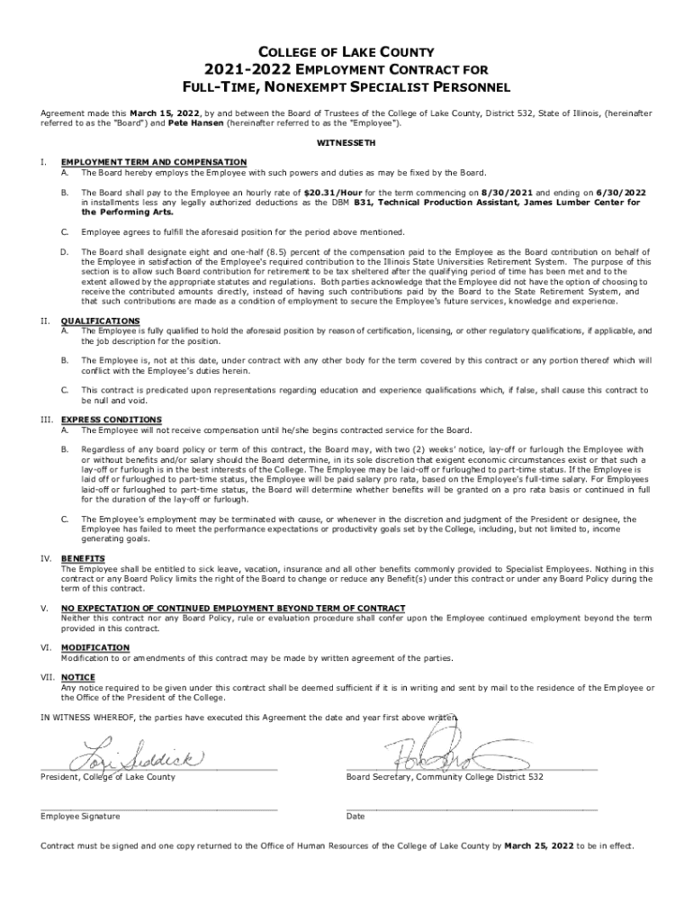 Fillable Online dept clcillinois PRESIDENT THIS AGREEMENT is made and ...
