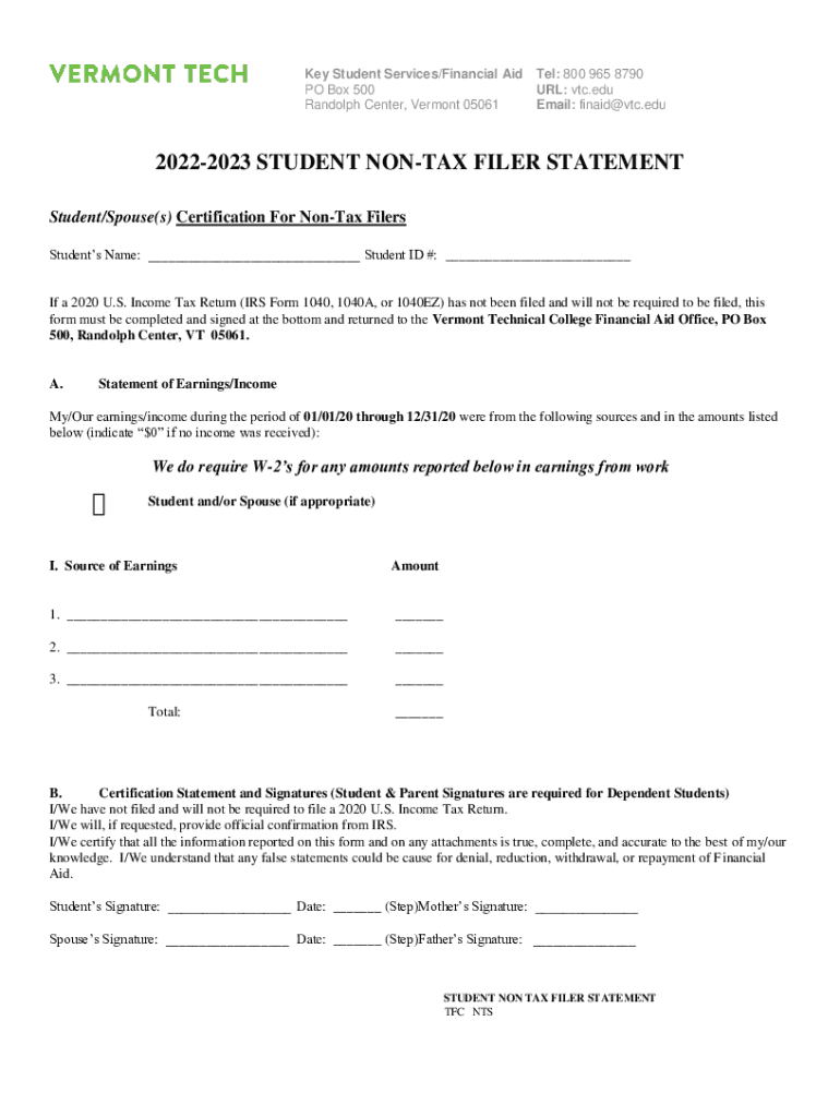Fillable Online 2022-2023 STUDENT NON-TAX FILER STATEMENT Fax Email ...