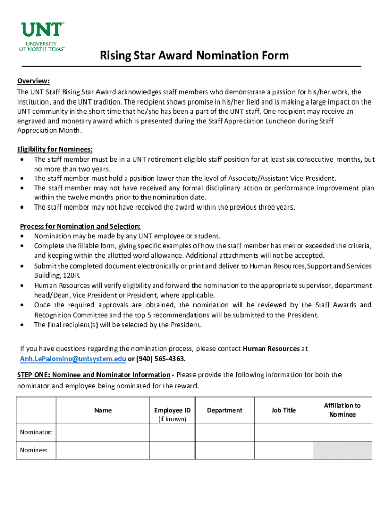 Fillable Online president unt Rising Star Award Nomination Form Fax ...