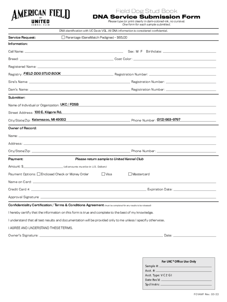 Fillable Online Field Dog Stud Book DNA Service Submission Form Fax ...