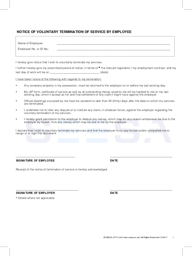 Fillable Online Notice of voluntary termination of service by employee ...