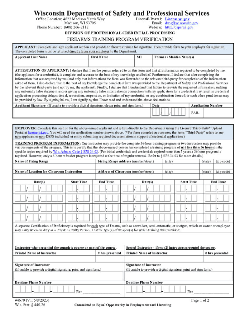Fillable Online dsps wi #4679, Firearms Training Program Verification ...