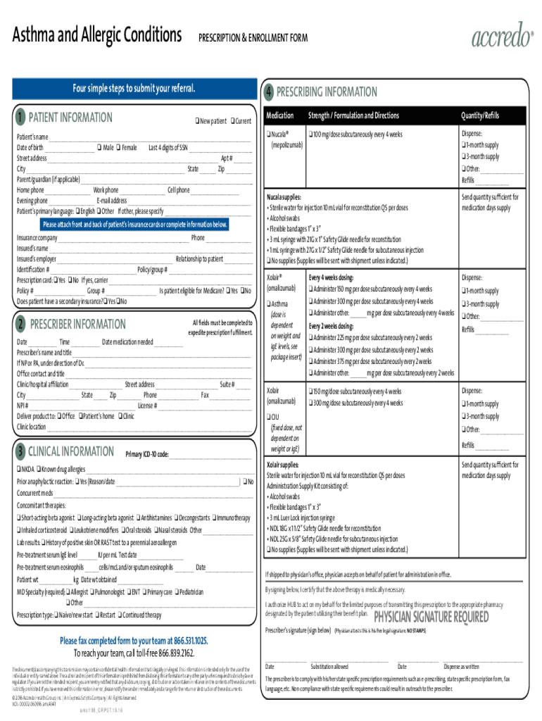 Asthma and Allergic Conditions Prescription Enrollment Form - Blank ...