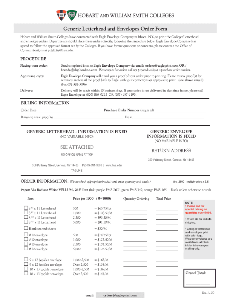 Fillable Online Generic Letterhead and Envelopes Order Form Fax Email ...