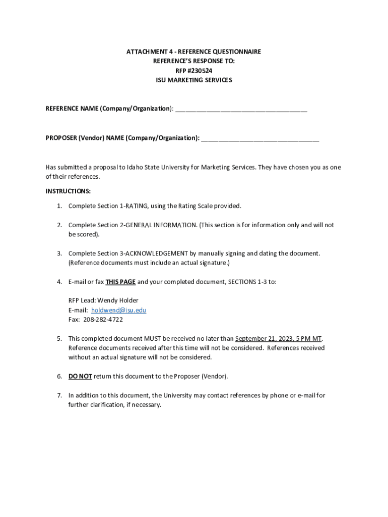 Fillable Online Attachment H - Reference Questionnaire.doc Fax Email Print - pdfFiller