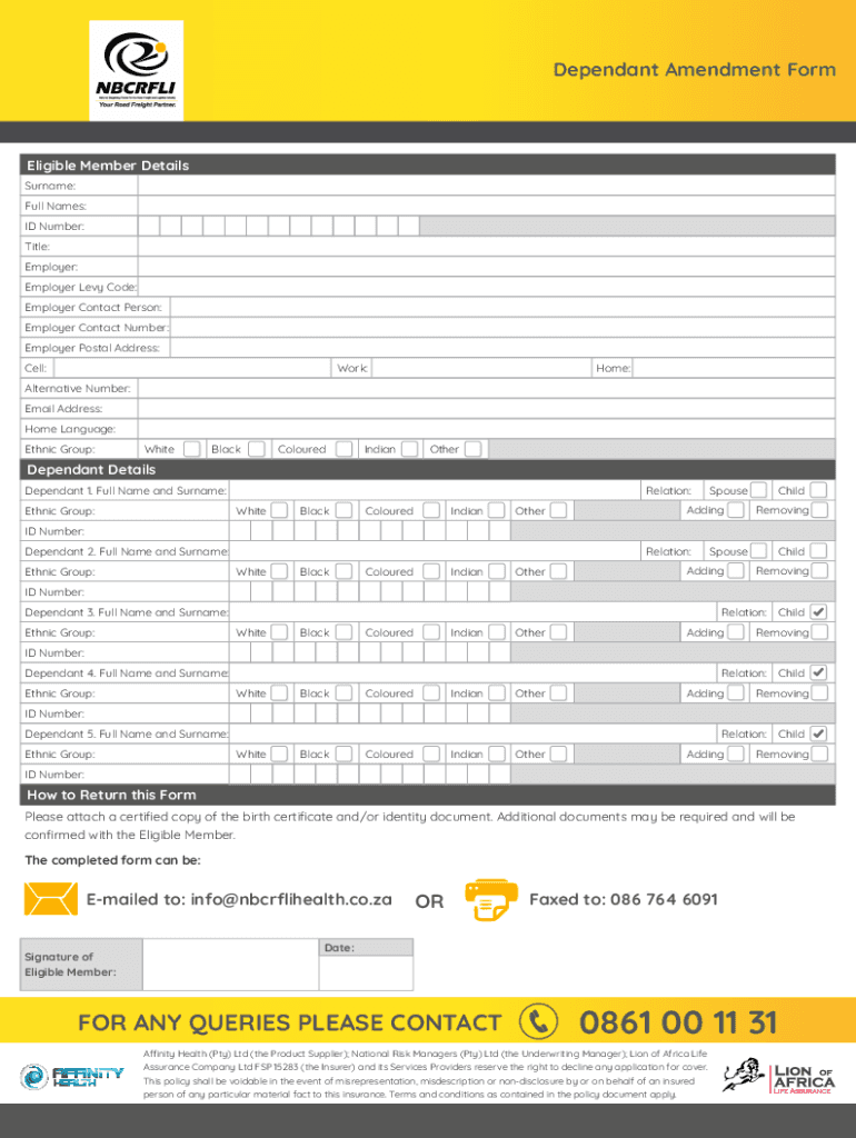 Fillable Online nbcrflihealth co Dependant Amendment Form - NBCRFLI Fax ...
