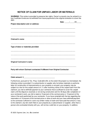 Fillable Online notice of claim for unpaid labor or materials Fax Email ...