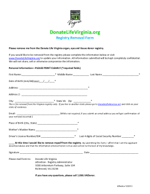 Fillable Online DonateLifeVirginia.org - Registry Removal Form Fax ...