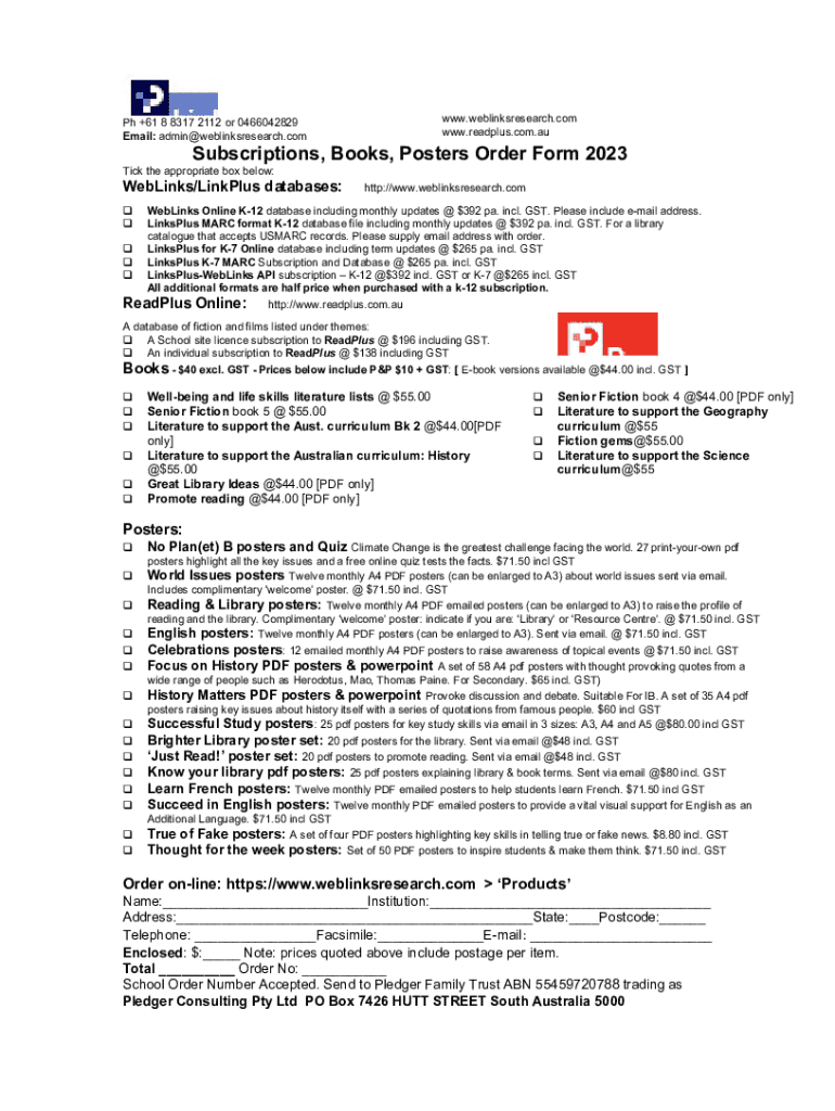 Fillable Online Subscriptions, Books, Posters Order Form 2023 Fax Email Print - pdfFiller