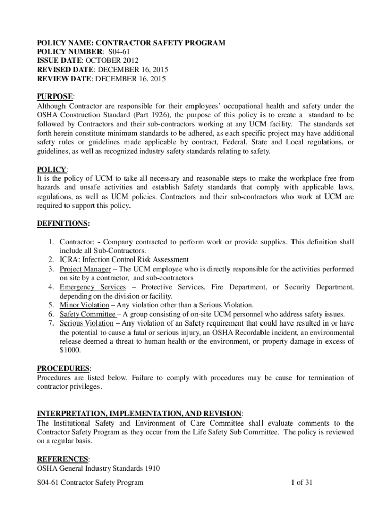 Fillable Online S04-61 Contractor Safety Program 1 of 31 POLICY NAME Fax Email Print - pdfFiller