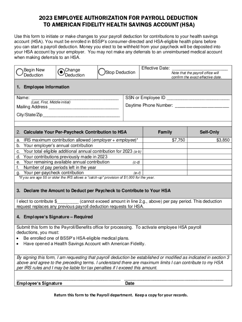 Fillable Online Employee Health Savings Account Payroll Deduction ... Fax Email Print - pdfFiller