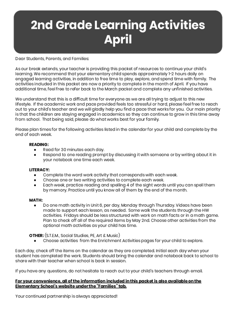 Fillable Online 2nd Grade Learning Activities April Fax Email Print ...