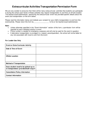 Fillable Online Extracurricular Activities Transportation Permission ...