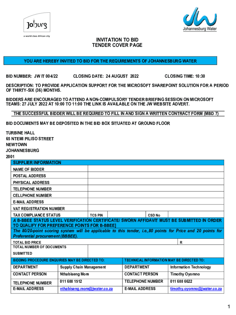 Fillable Online INVITATION TO BID TENDER COVER PAGE 1 Fax Email Print ...