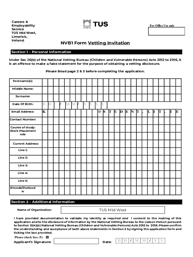 Fillable Online NVB1 Form Vetting Invitation Fax Email Print - pdfFiller
