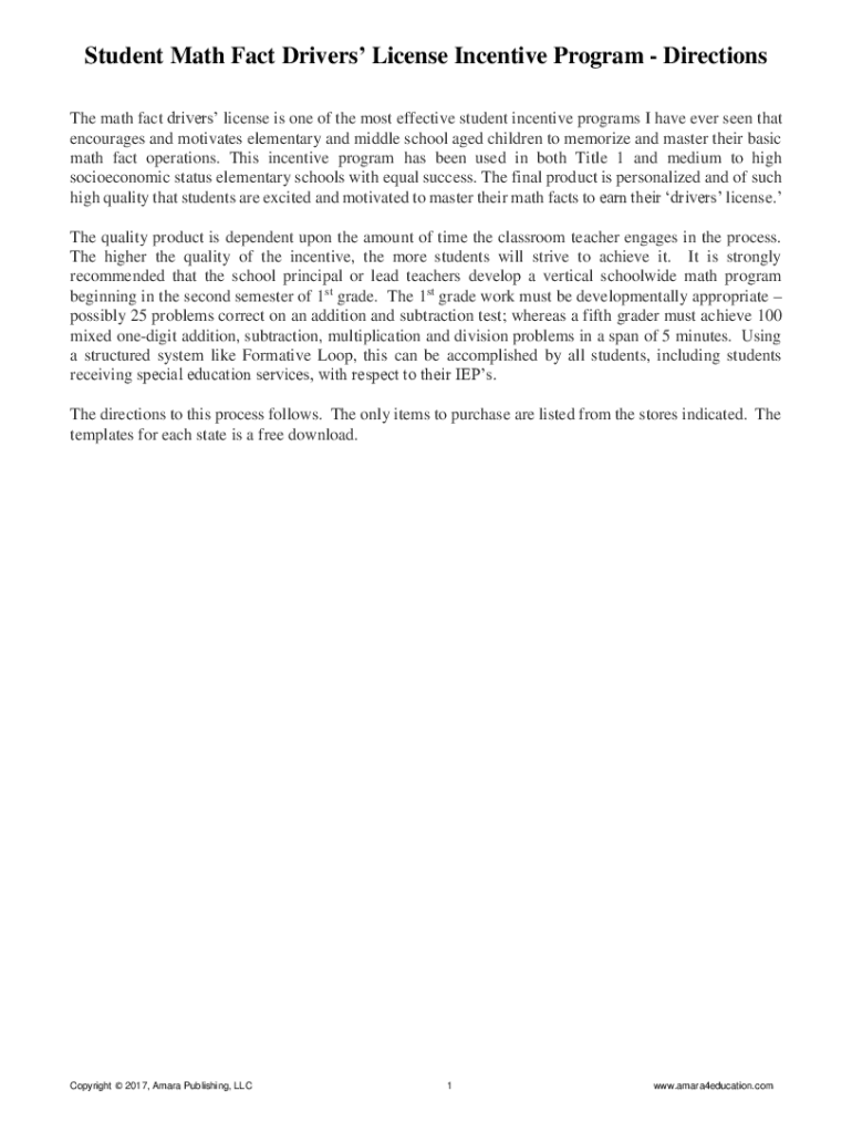 Fillable Online Student Math Fact Drivers' License Incentive Program ...