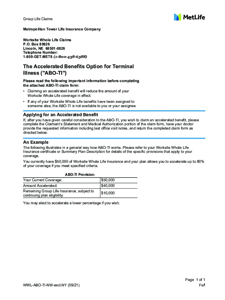 Fillable Online The Accelerated Benefits Option for Terminal Illness ...