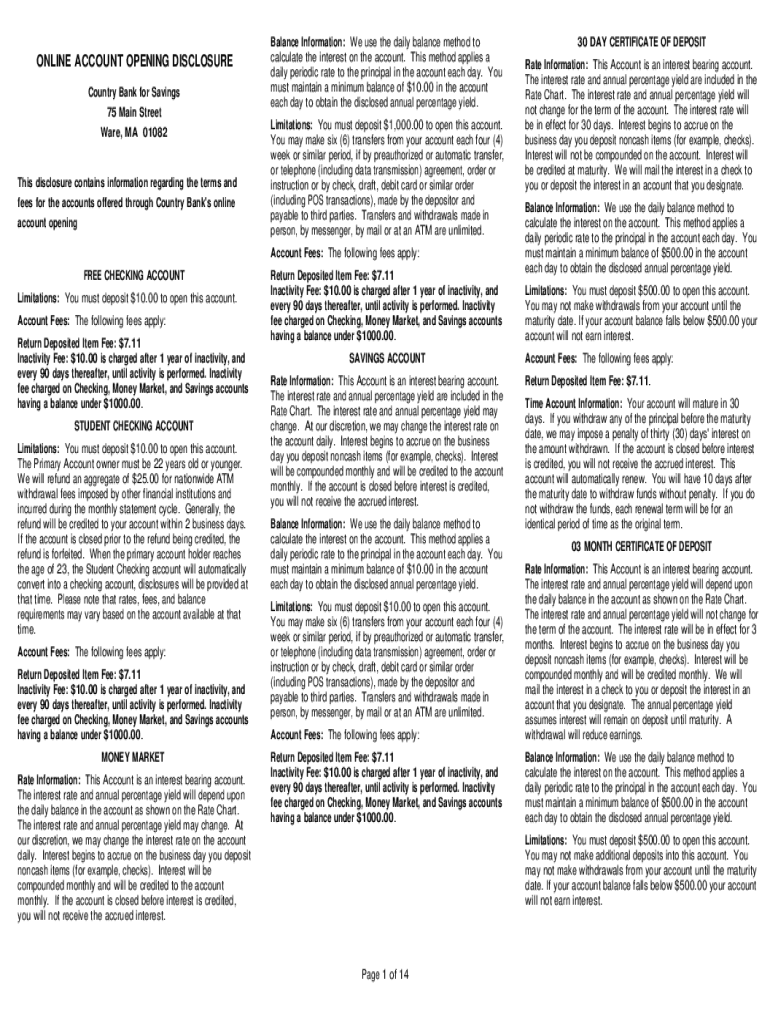 Fillable Online Online Account Opening Disclosure: 1 Year Certificate ...