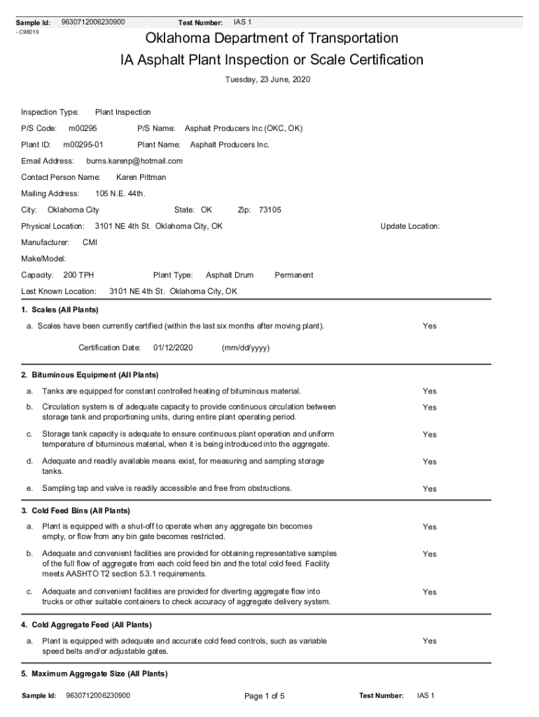 Fillable Online Oklahoma Department of Transportation IA Asphalt Plant Inspection Fax Email ...