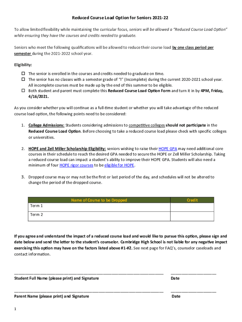 Fillable Online Reduced Course Load Senior Form.docx Fax Email Print ...