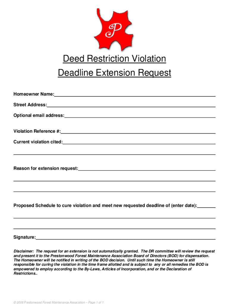 Fillable Online Deed Restriction Violation Deadline Extension Request Form Fax Email Print ...