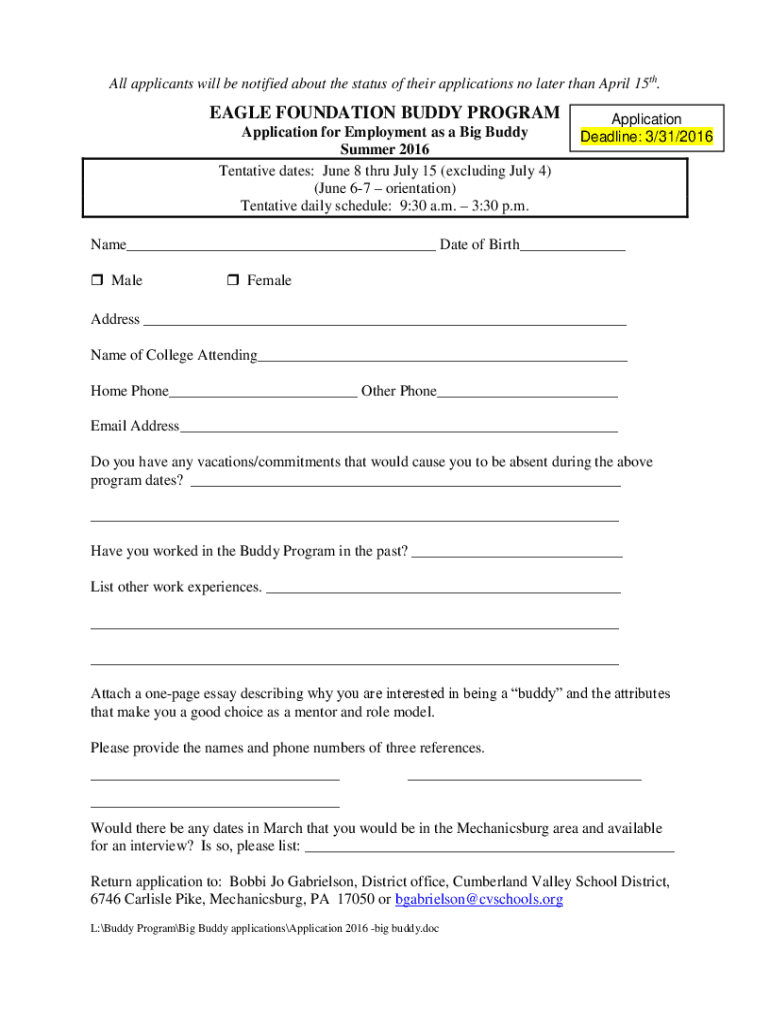 Fillable Online SUMMER BUDDY PROGRAM Fax Email Print - pdfFiller