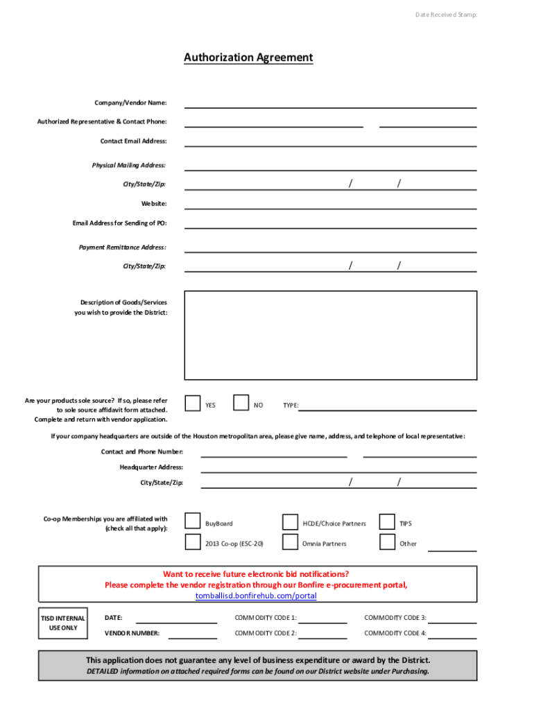 Fillable Online 1. Authorization Agreement 2. Sole Source Affirmation 3 ...