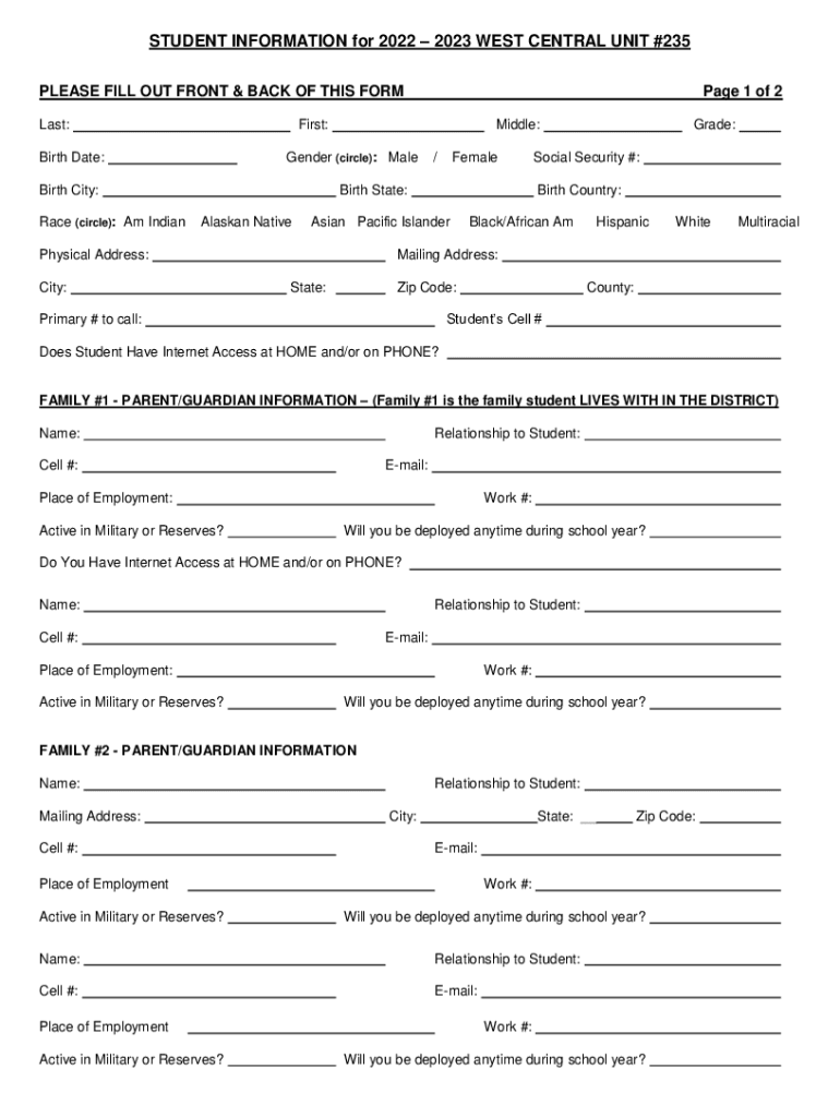 Fillable Online WEST CENTRAL UNIT #235 INFORMATION SHEET Fax Email ...