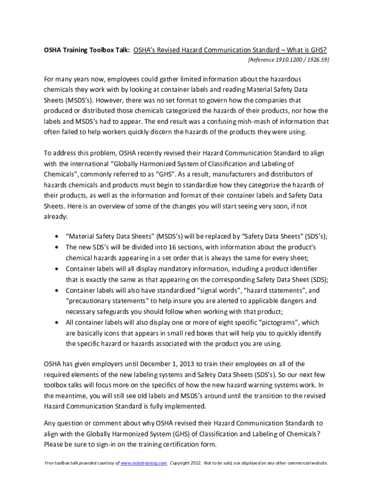 Fillable Online OSHA's Revised Hazard Communication StandardWhat ...