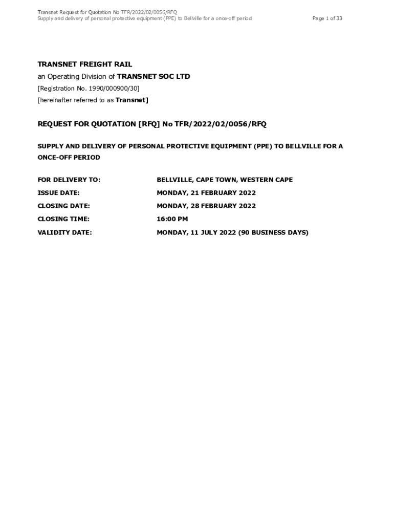 Fillable Online Transnet Request for Quotation No TFR/2022/02/0056/RFQ Fax Email Print - pdfFiller