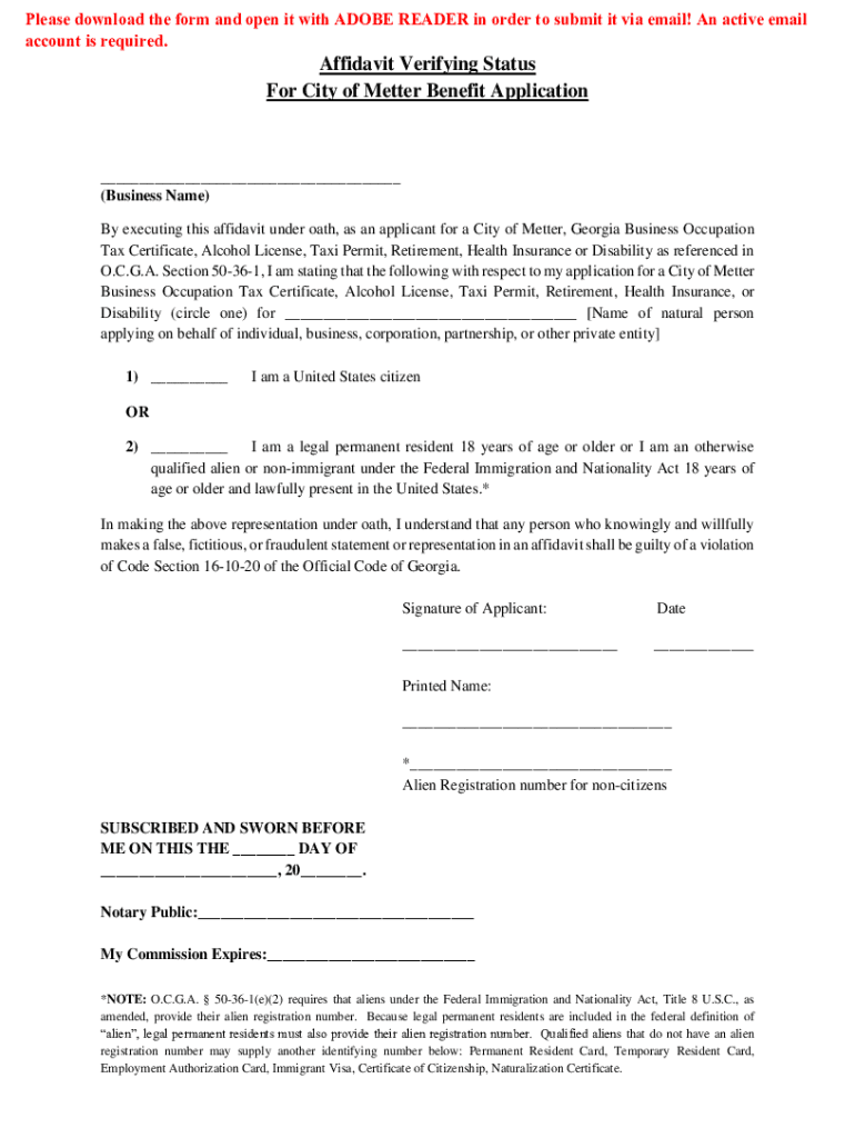 Fillable Online Affidavit Verifying Status For City of Metter Benefit Application Fax Email ...