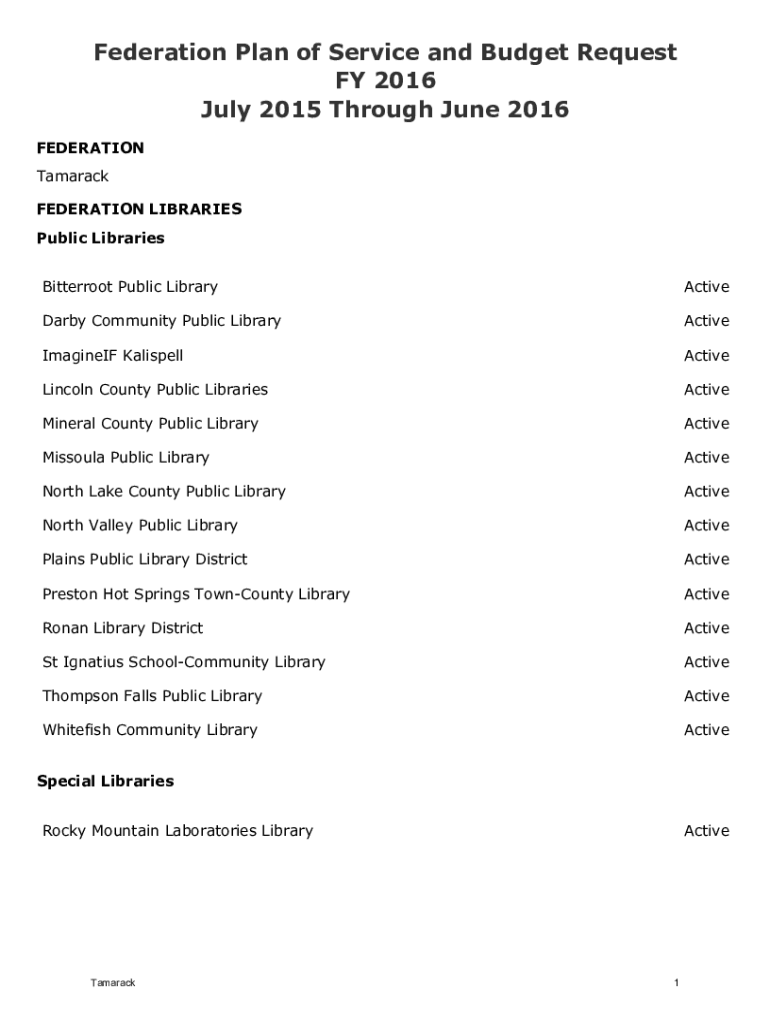 Fillable Online Federation Plan of Service and Budget Request FY 2016 ...