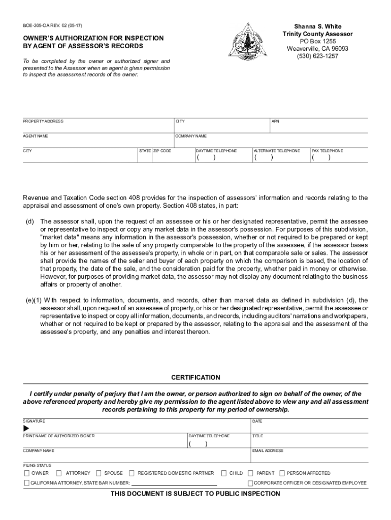 Fillable Online Owner's Authorization for Inspection by Agent of ...