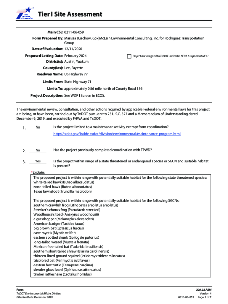 Fillable Online plans dot state tx Tier I SIte Assessment Form. US 77 ...