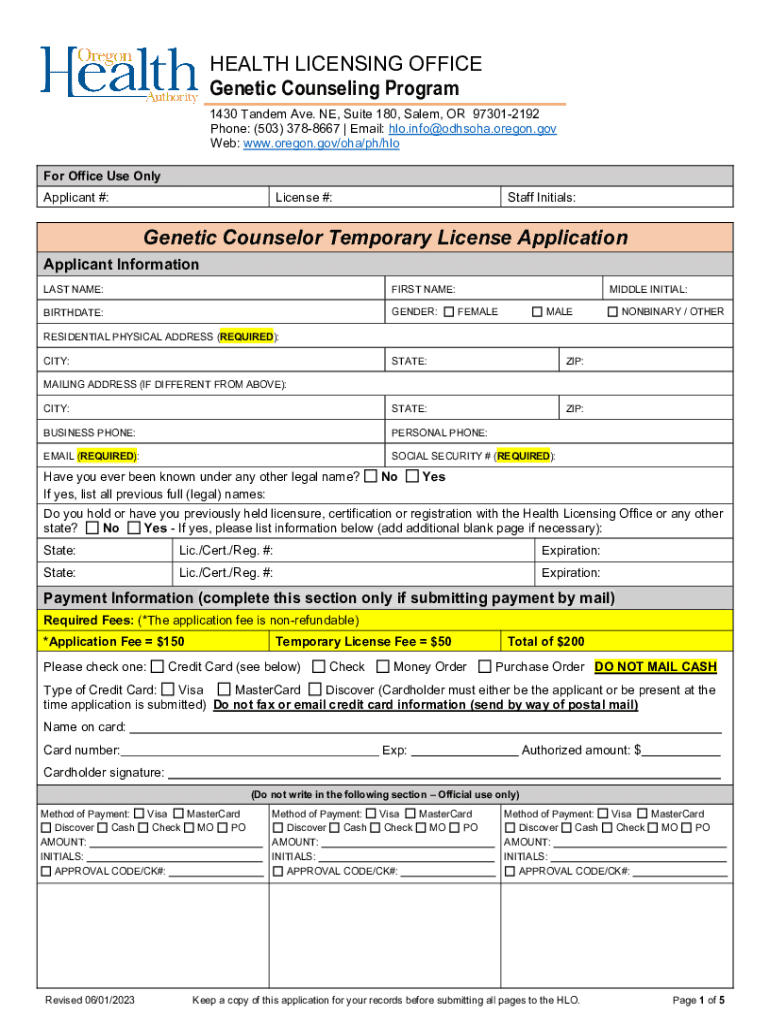 Fillable Online Genetic Counselor Temporary License Application Fax ...