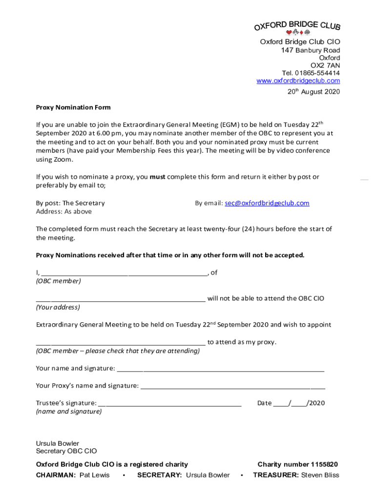 Fillable Online Oxford Bridge Club CIO Proxy Nomination Form If you are ... Fax Email Print ...