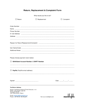 Fillable Online Return, Replacement & Complaint Form Fax Email Print ...