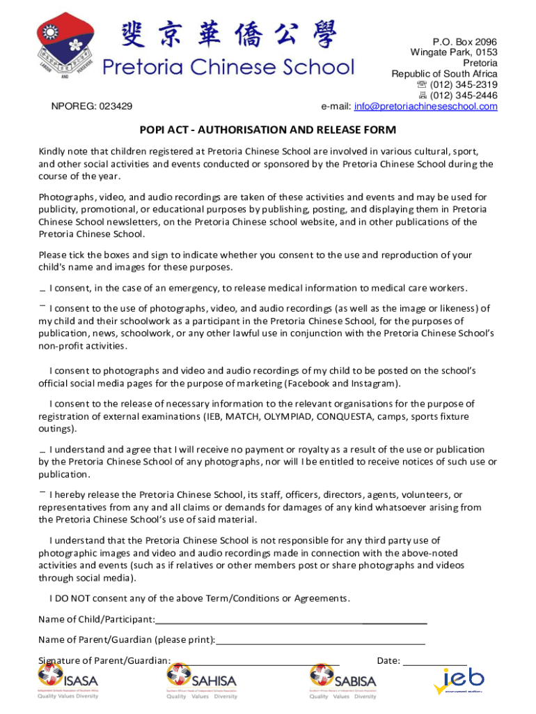 Fillable Online pretoriachineseschool co POPI ACT - AUTHORISATION AND ...
