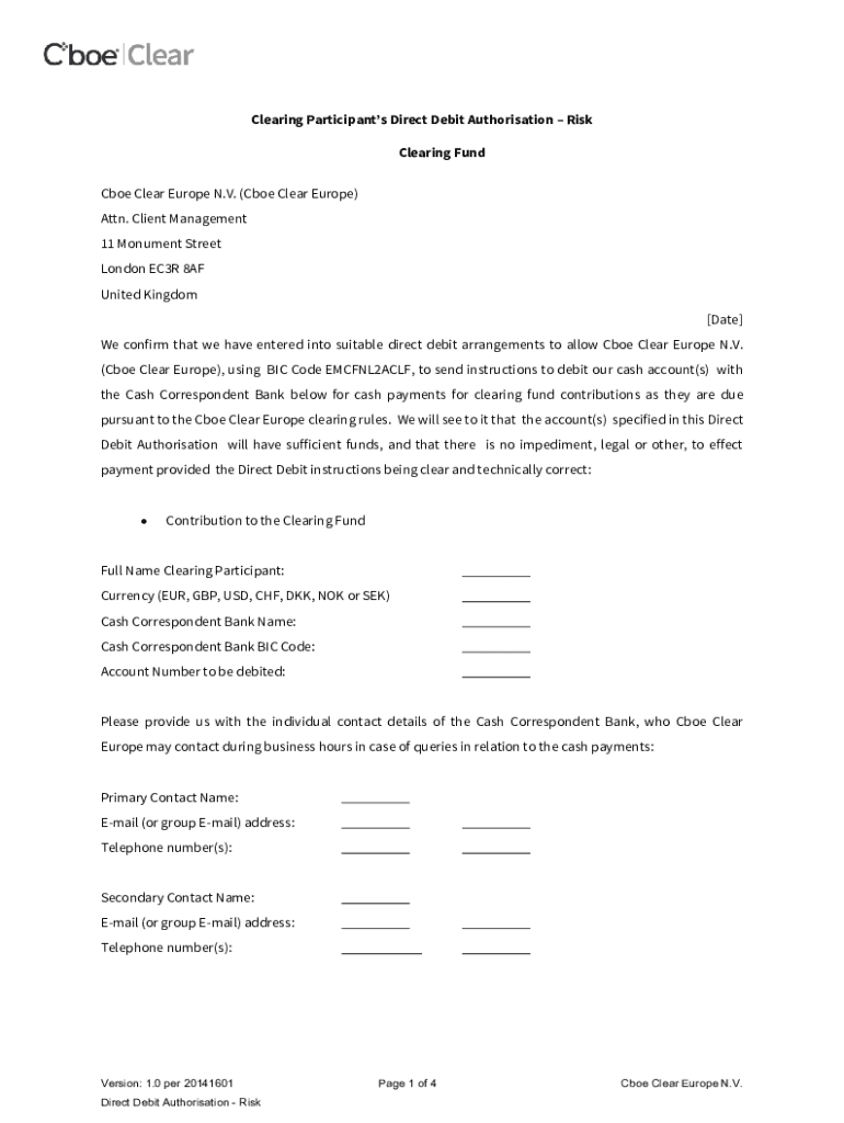 Fillable Online Clearing Participant's Direct Debit AuthorisationRisk ...