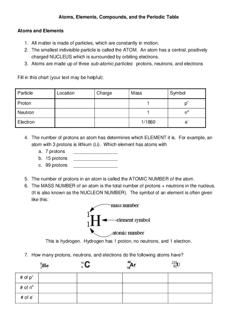 Fillable Online Atoms, Elements, Compounds, and the Periodic Table Fax ...