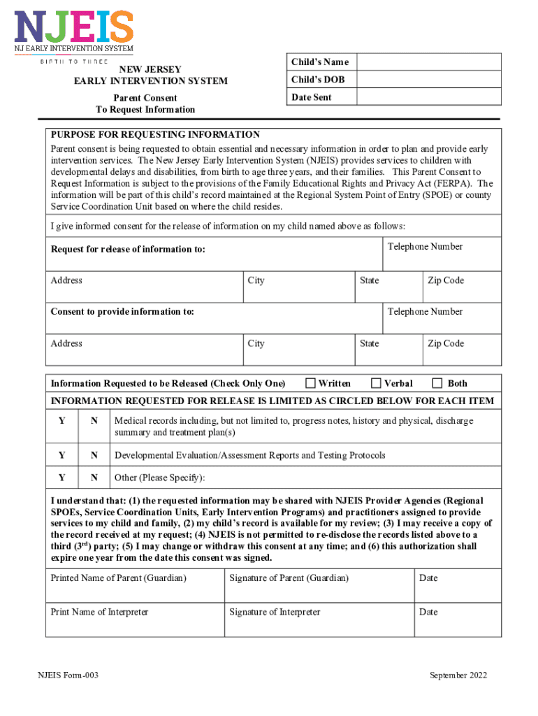 Fillable Online NJEIS Form-003 Parent Consent to Request Child Records ...
