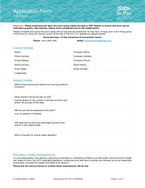 Fillable Online Application Form - Animals - Te Pae Christchurch Fax ...