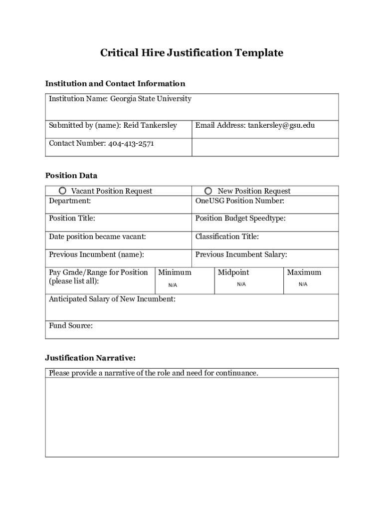Fillable Online faculty gsu Fillable Online Critical Hire Justification ...