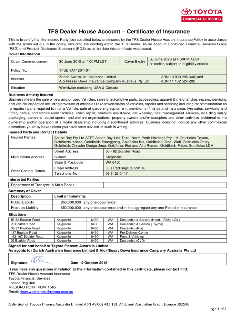 Fillable Online TFS Dealer House Account Certificate of Insurance Fax ...