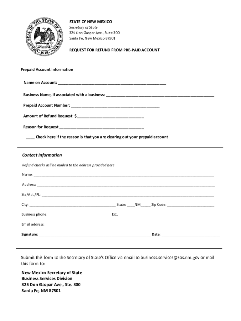 Fillable Online state of new mexico - request for refund from pre-paid ...
