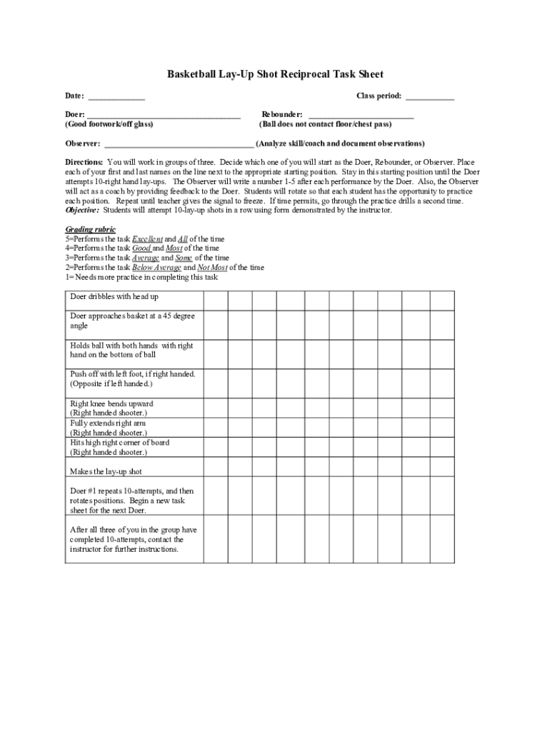 Fillable Online Basketball Lay-Up Shot Reciprocal Task Sheet Fax Email ...