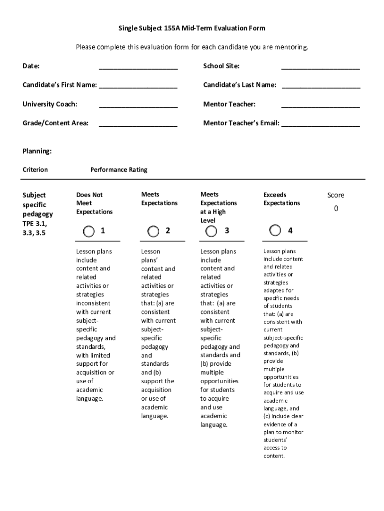 Fillable Online Please complete this evaluation form for each candidate you are mentoring Fax ...